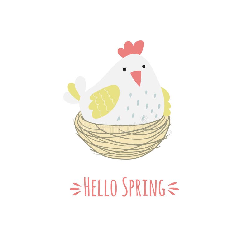 Cartoon Hen in the Nest and the Inscription Hello Spring. Stock Vector ...
