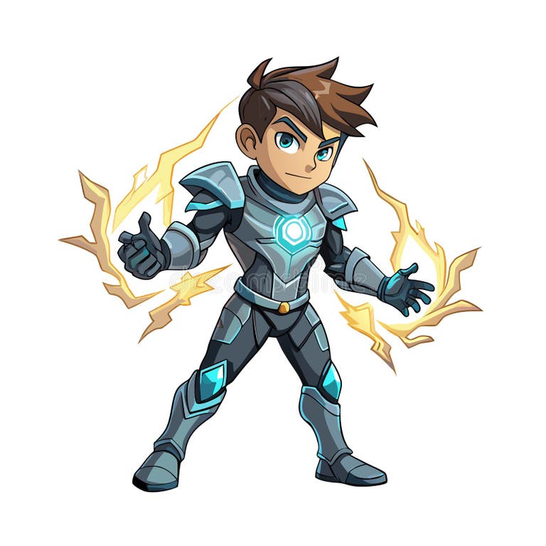 Cartoon Hero Boy with Armor and Lightning Powers, Vector Illustration ...