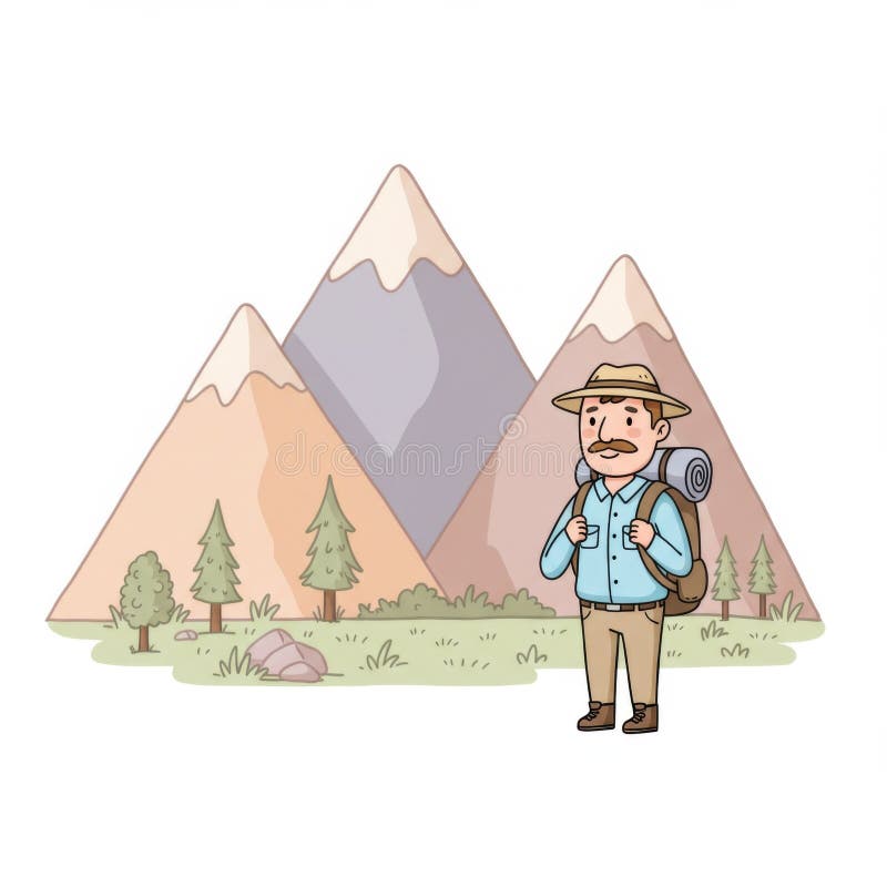 Cartoon Hiker with Backpack in Mountain Landscape Stock Illustration ...