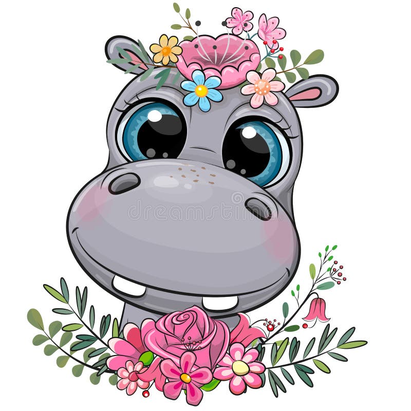 Hippo with Flowers on a Blue Background Stock Vector - Illustration of ...