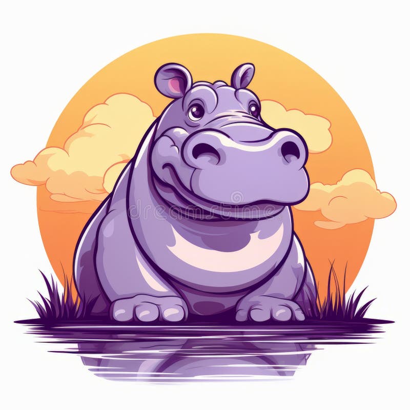 A Cartoon Hippopotamus Sits by a Lake at Sunset. Stock Illustration ...