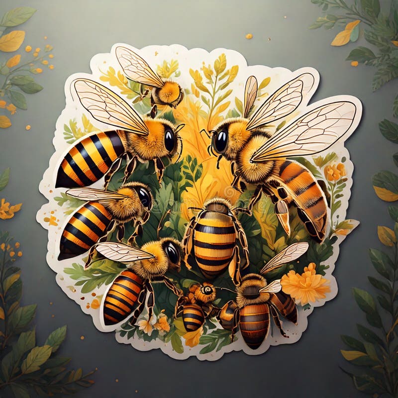 Cartoon Honey Bees on a Flower Collecting Pollen Stock Illustration ...