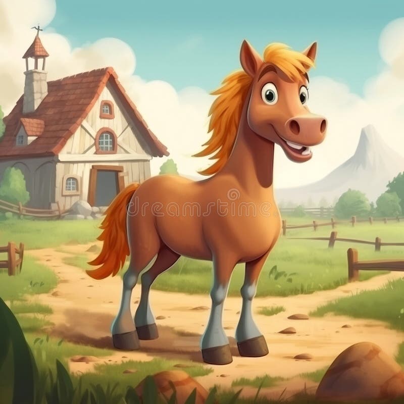 Cartoon Horse on Farm (Cute). Generative AI Stock Illustration ...
