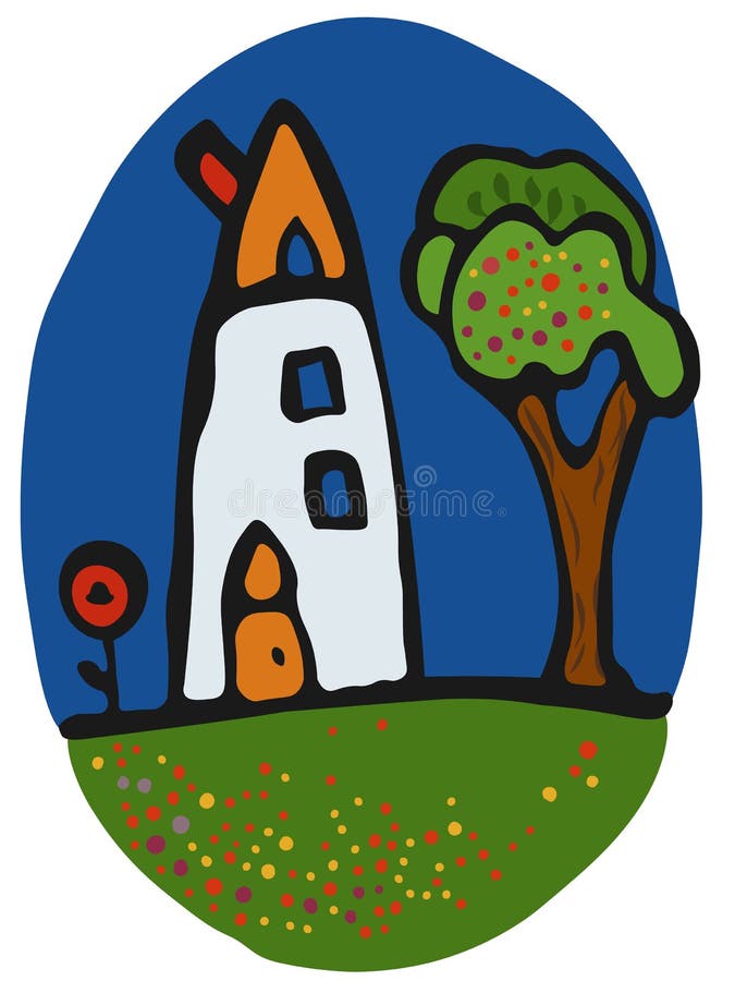 Cartoon House with Apple Tree and Poppy Stock Vector - Illustration of ...