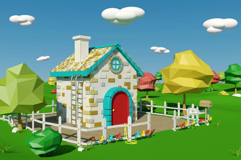 Cartoon House with Countryside Landscape in Spring or Summer Stock ...