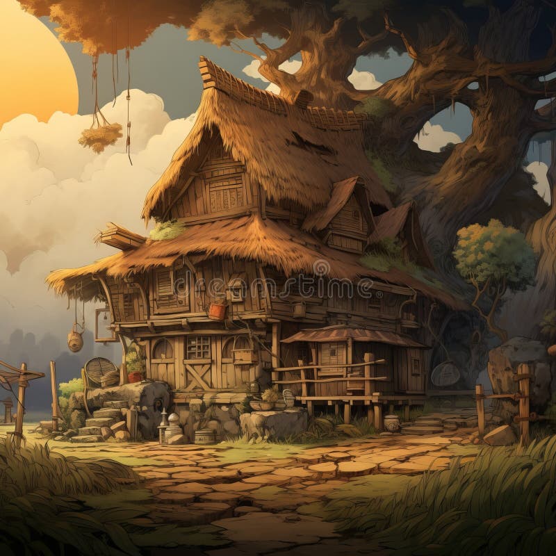 A Cartoon of a House in a Forest Stock Illustration - Illustration of ...