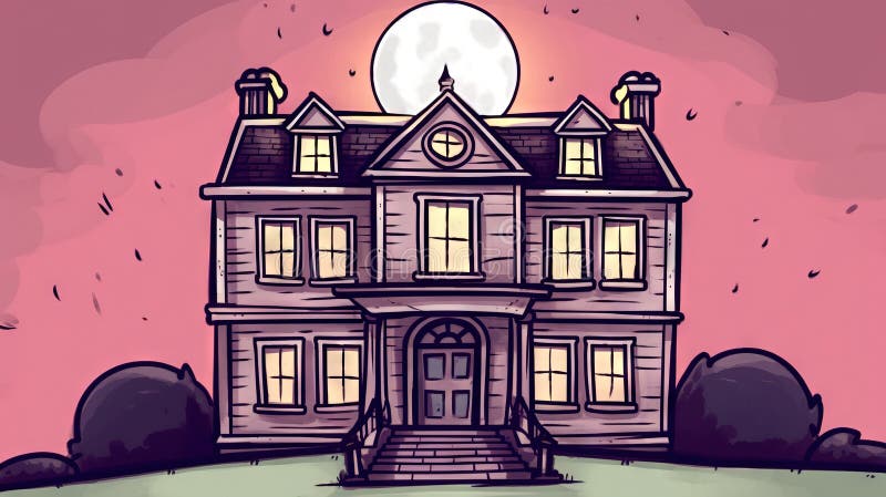 A Cartoon House with a Full Moon in the Sky Behind it Stock ...