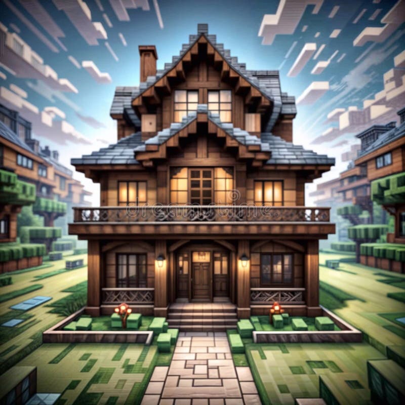 Cartoon House in Minecraft Style Stock Illustration - Illustration of ...