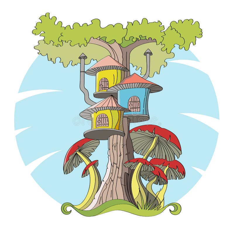 Cartoon House in a Tree and with Red Mushrooms Around Stock Vector ...