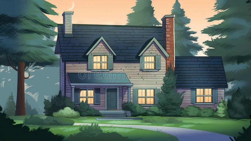 A Cartoon House with Trees and a Path Leading To it Stock Illustration ...