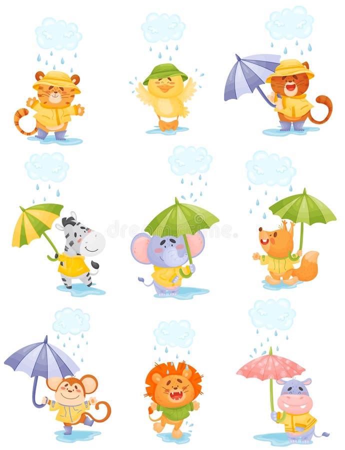 Cartoon Humanized Animals Walk in the Rain. Vector Illustration. Stock ...