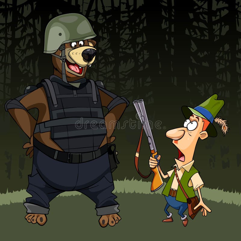 Cartoon Hunter with a Gun Was Afraid of a Bear in Body Armor Stock ...