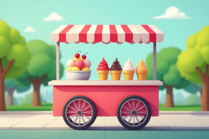 Cartoon Ice Cream Cart in Sunny Park Stock Illustration - Illustration ...