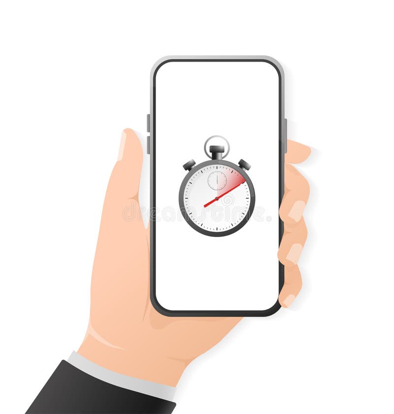 Cartoon Icon with Timer and Smartphone with Hand on White Background ...