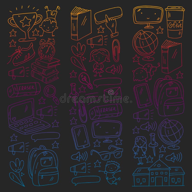 Cartoon Icons with Education Items. Online Lesson. E-learning. Stock ...