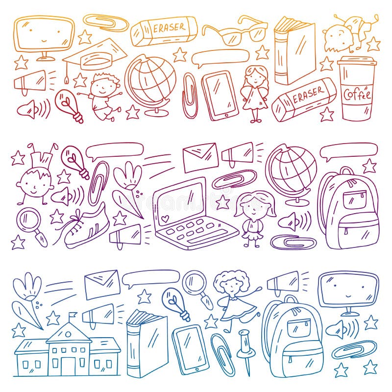 Cartoon Icons with Education Items. Online Lesson. E-learning. Stock ...