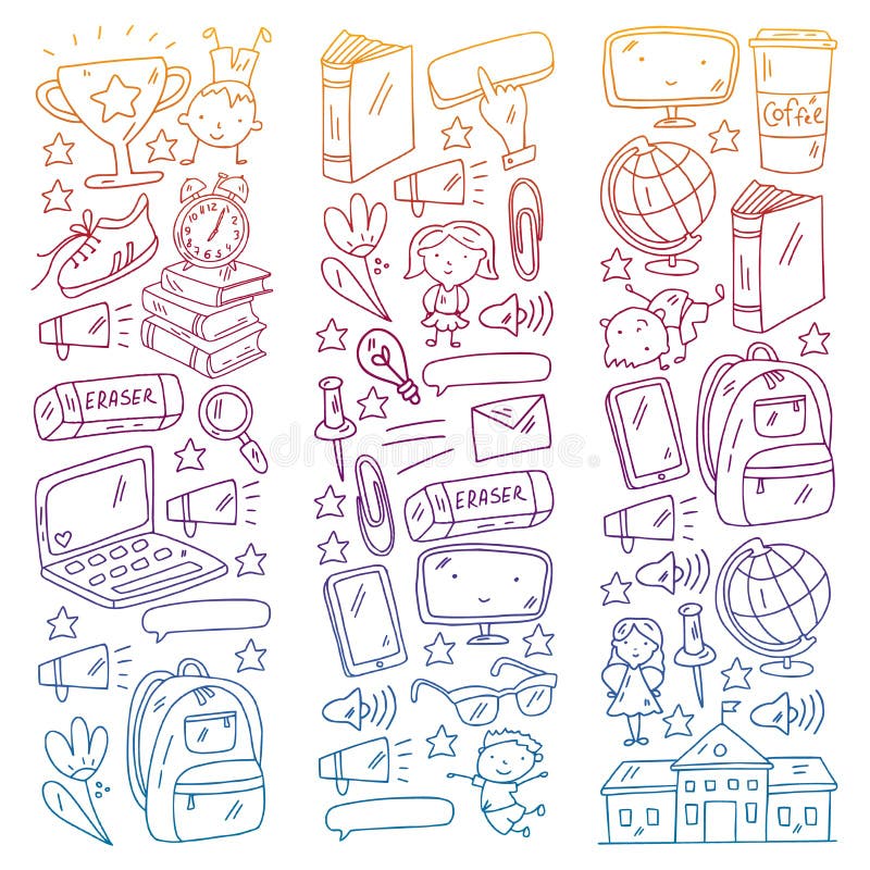 Cartoon Icons with Education Items. Online Lesson. E-learning. Stock ...