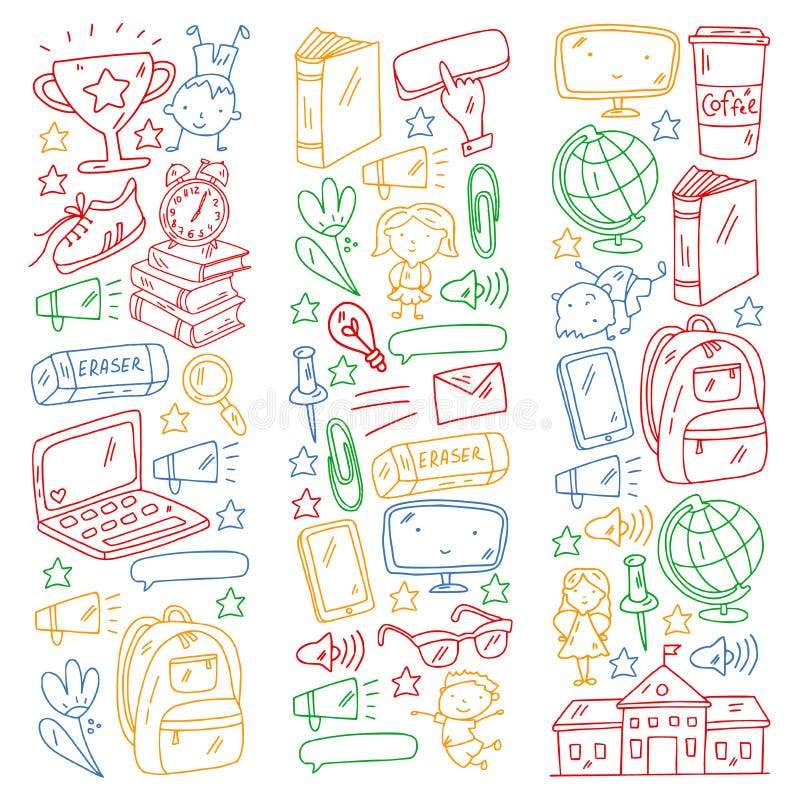 Cartoon Icons with Education Items. Online Lesson. E-learning. Stock ...