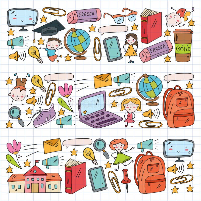 Cartoon Icons with Education Items. Online Lesson. E-learning. Stock ...