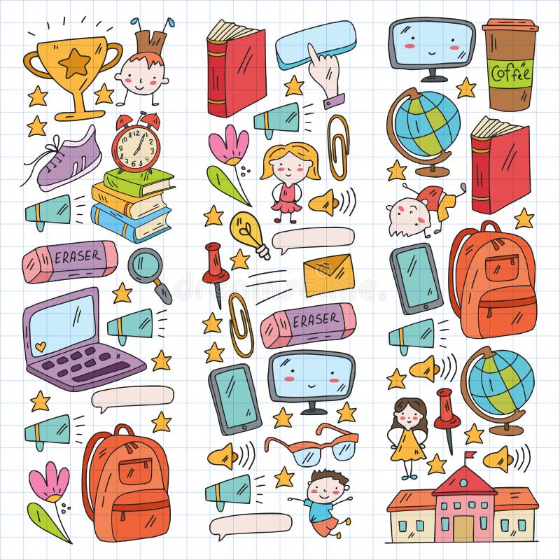 Cartoon Icons with Education Items. Online Lesson. E-learning. Stock ...