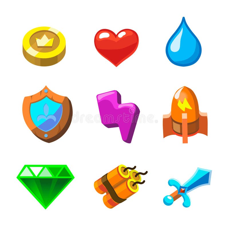 Cartoon Icons for Game User Interface, Vector Set Stock Vector ...