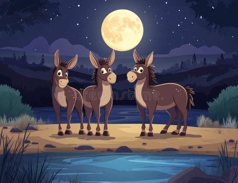 The Cartoon Illustrates a Happy Donkey Playing at Night Stock Image ...