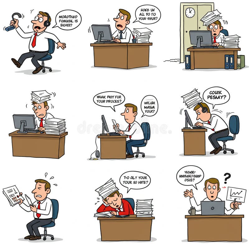 A Cartoon Illustrating a Stressed Office Worker in Various Situations ...