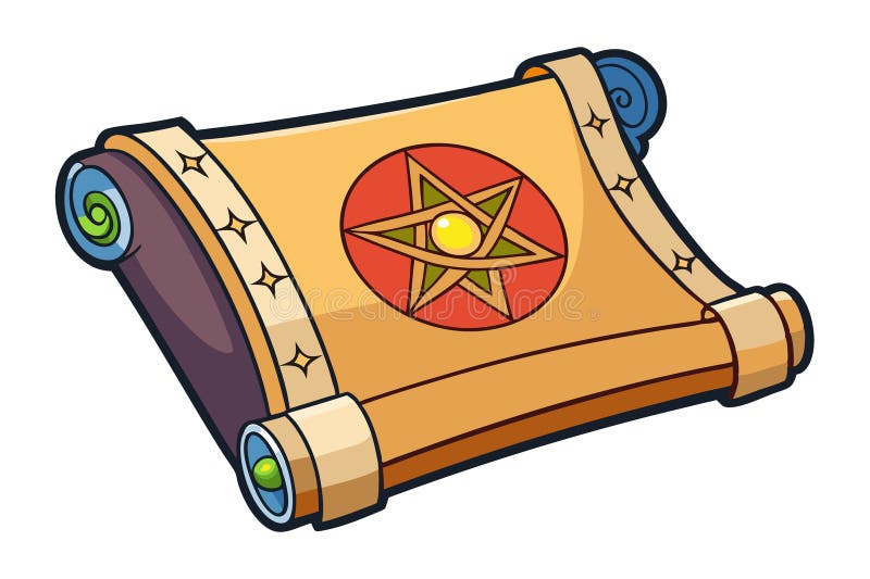 Cartoon Illustration of an Ancient Magic Scroll with Pentagram Symbol ...
