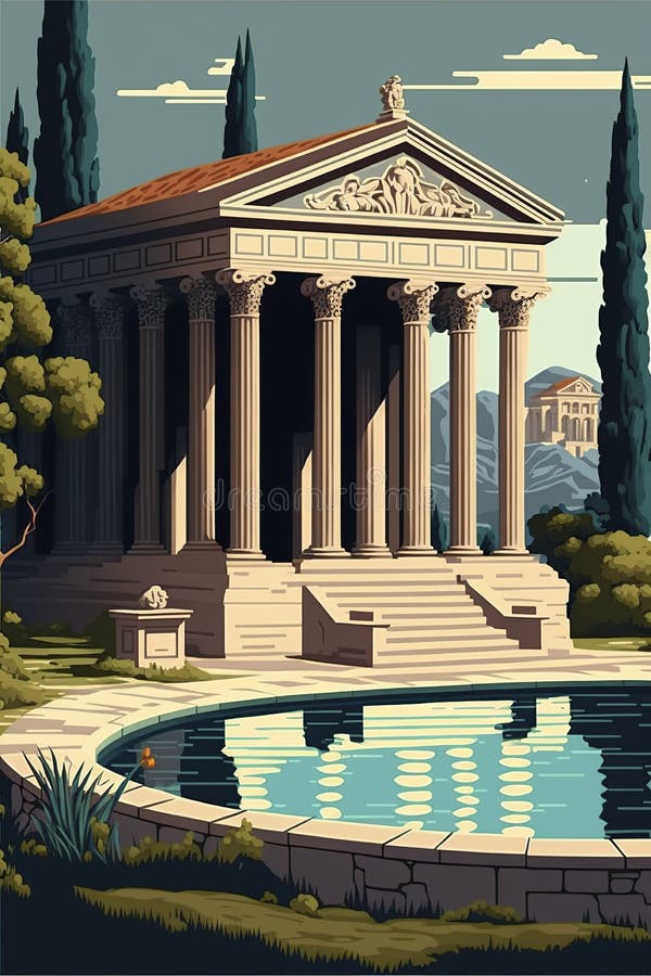 Cartoon Illustration, Ancient Temple with Columns, Generative AI Stock ...