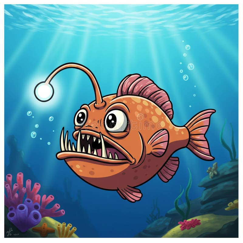 Cartoon Illustration of an Anglerfish, Characterized by Its Oversized ...