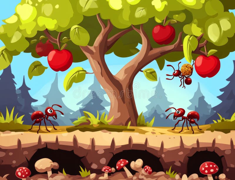 A Cartoon Illustration of an Ant Colony on an Apple Tree Stock Image ...