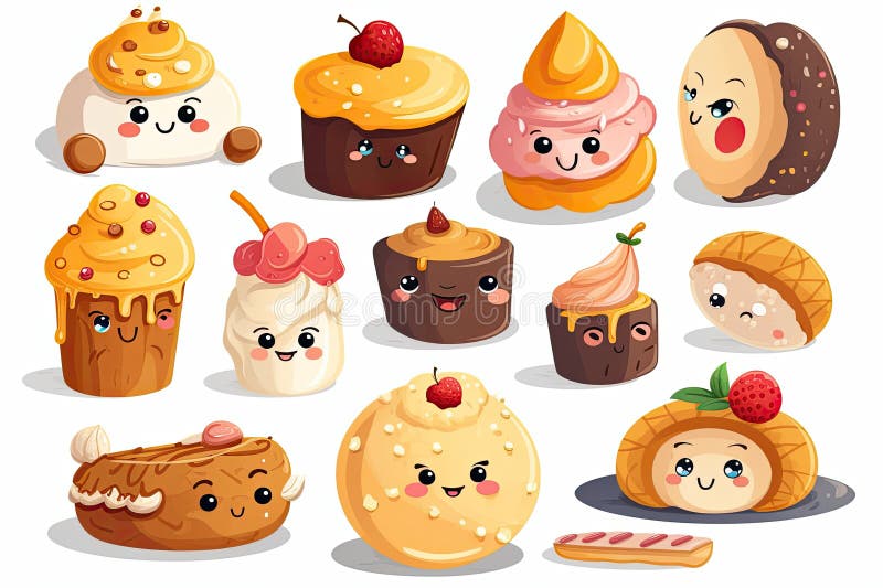 Cartoon Illustration of Assorted Sweet Pastries on a White Background ...