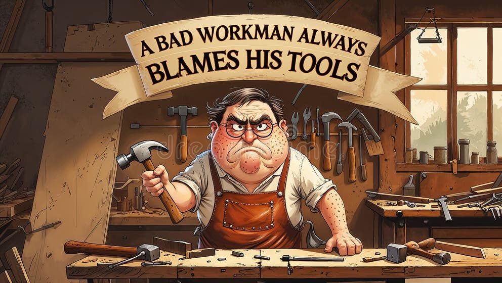 Cartoon Illustration of a Bad Workman Blaming His Tools in His Messy ...