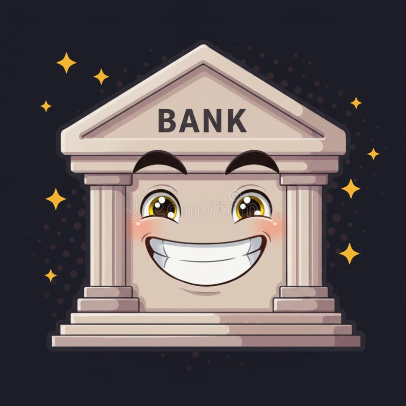 A Cartoon Illustration of a Bank Building with a Smiling Face. the ...