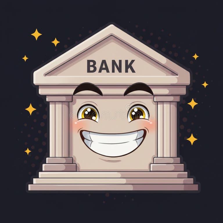 A Cartoon Illustration of a Bank Building with a Smiling Face. the ...