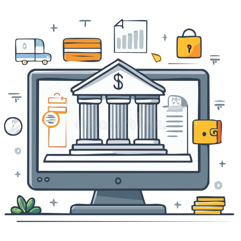 Cartoon Illustration of Banking Concept on Computer Screen with ...
