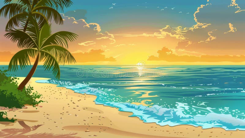 A Cartoon Illustration of a Beach with Palm Trees and the Ocean, AI ...