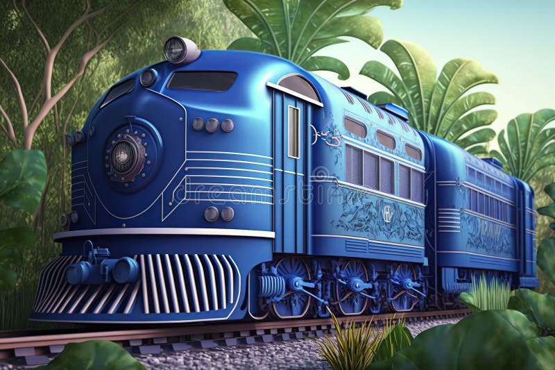 Cartoon Illustration, of Blue Train with Railway Carriages, Ai ...