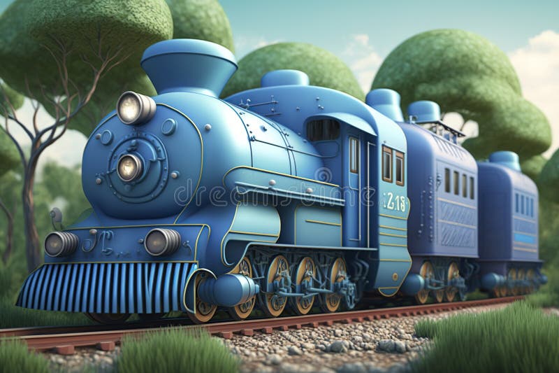 Cartoon Illustration, of Blue Train with Railway Carriages, Ai ...