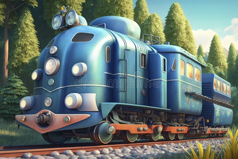Cartoon Illustration, of Blue Train with Railway Carriages, Ai ...