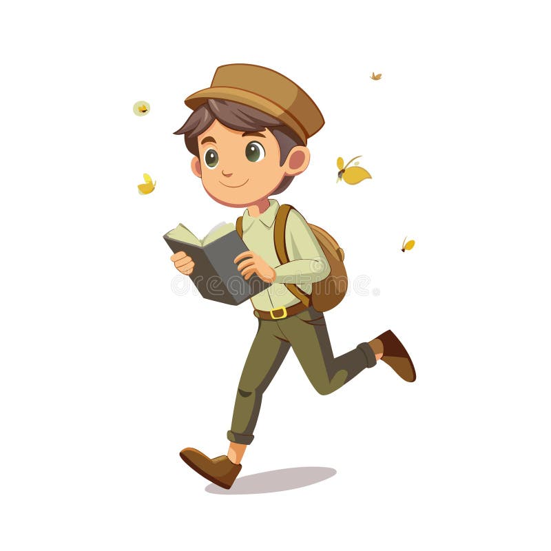 Cartoon Boy Reading a Book while Running with Backpack and Cap. Stock ...