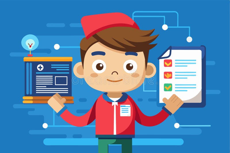 A Cartoon Illustration of a Boy Holding an Instruction Manual and a ...