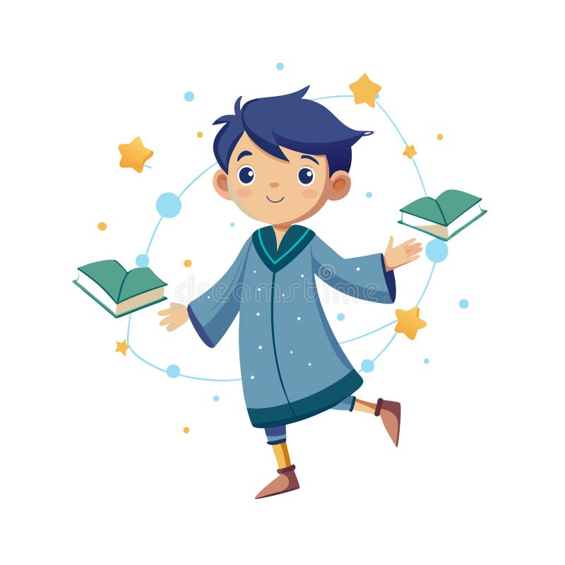 Boy Juggling Books with Stars and Bubbles: Illustration of Knowledge ...