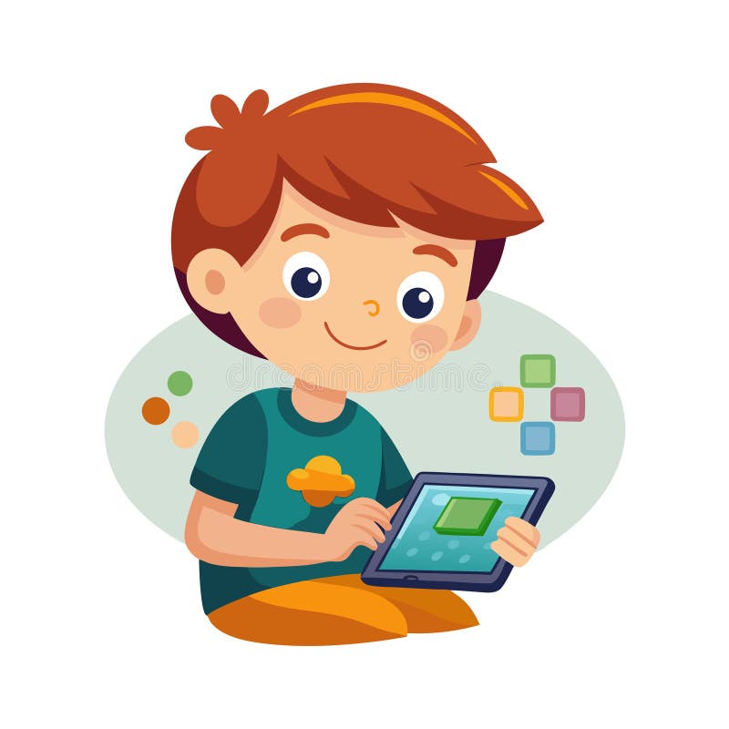 Boy with Tablet Computer Playing Educational Game or Using App Stock ...