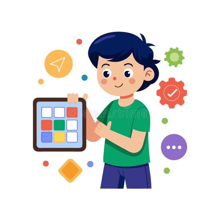 Boy Holding a Tablet with Colorful Application Grid Surrounded by ...