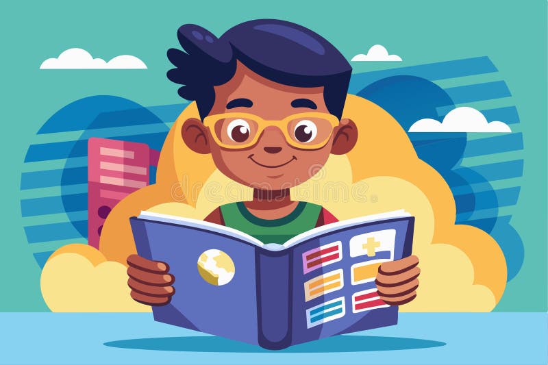 A Cartoon Illustration of a Boy Reading a Comic Book, Sitting in a ...