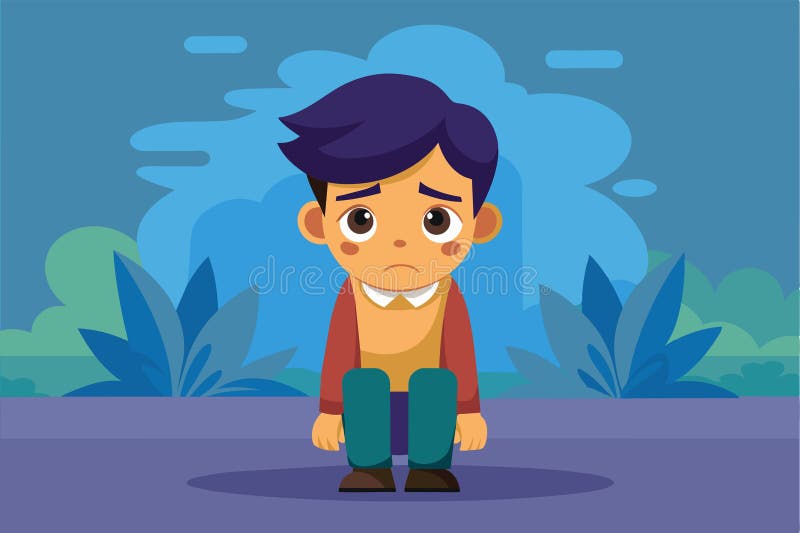 A Cartoon Illustration of a Boy Sitting Alone in a Park, with a Sad ...