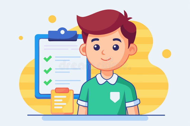 A Cartoon Illustration of a Boy Standing Next To a Checklist with ...