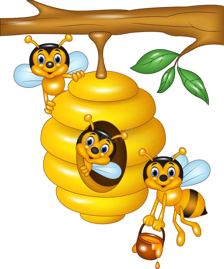 Cartoon Illustration of Branch of a Tree with a Beehive and Bees Stock ...