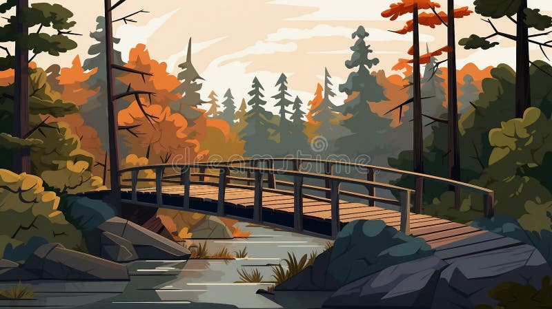 A Cartoon Illustration of a Bridge Over a River in the Forest AI ...